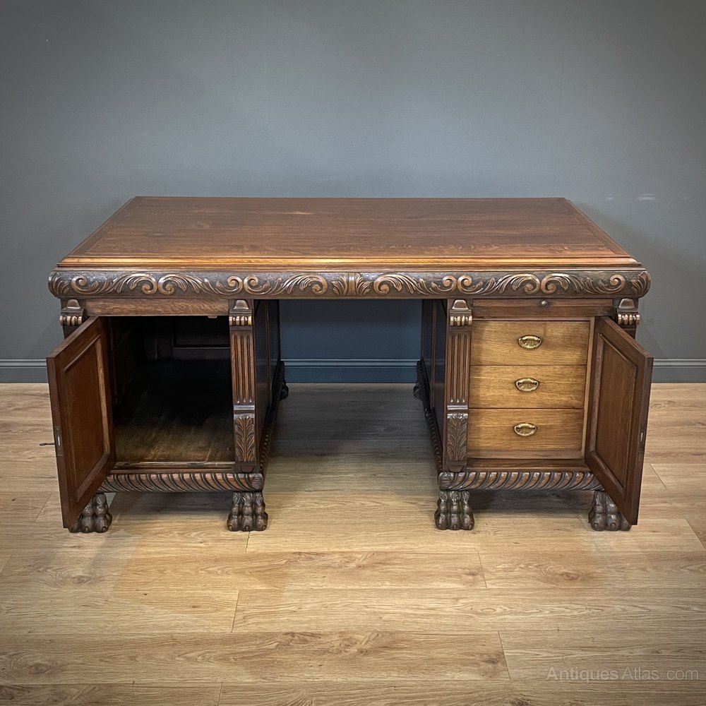 Large Antique Carved Oak Twin Pedestal Desk - Antiques Atlas