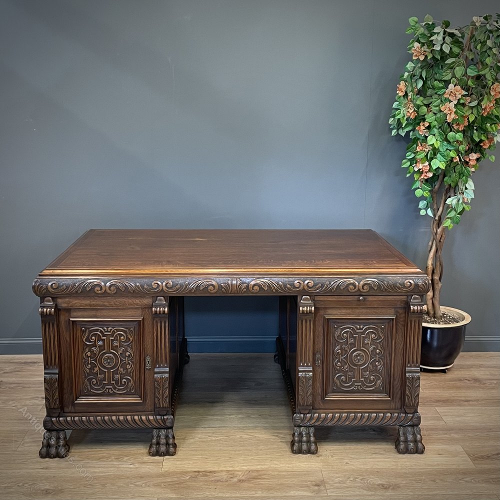 Large Antique Carved Oak Twin Pedestal Desk - Antiques Atlas