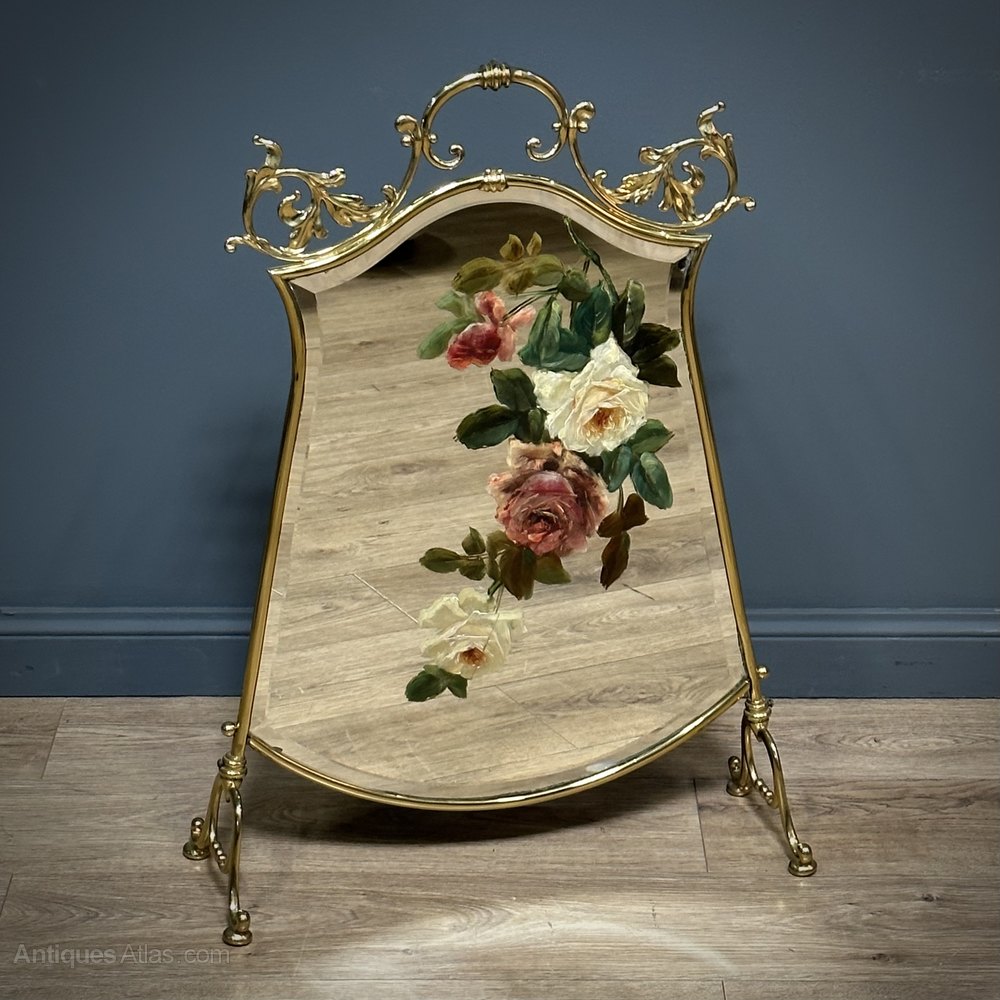 Antiques Atlas - Vintage Brass Mirrored Hand Painted Fire Screen
