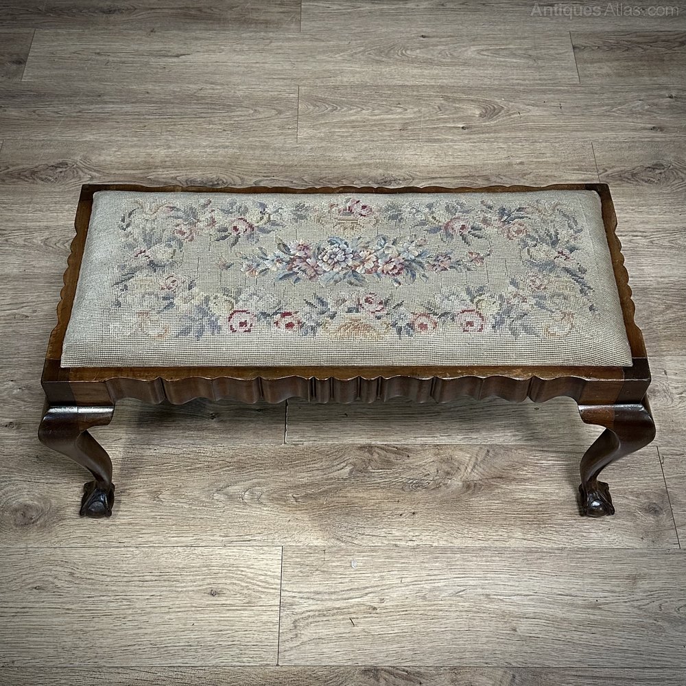 Vintage Long Wooden Upholstered Tapestry Stool - Antiques Atlas