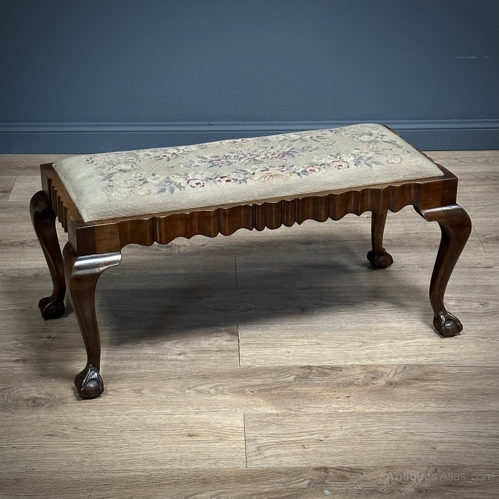 Vintage Long Wooden Upholstered Tapestry Stool - Antiques Atlas