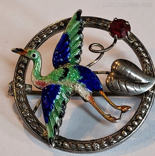 Antiques Atlas - Art Deco Silver & Enamel Stork Brooch. Signed,