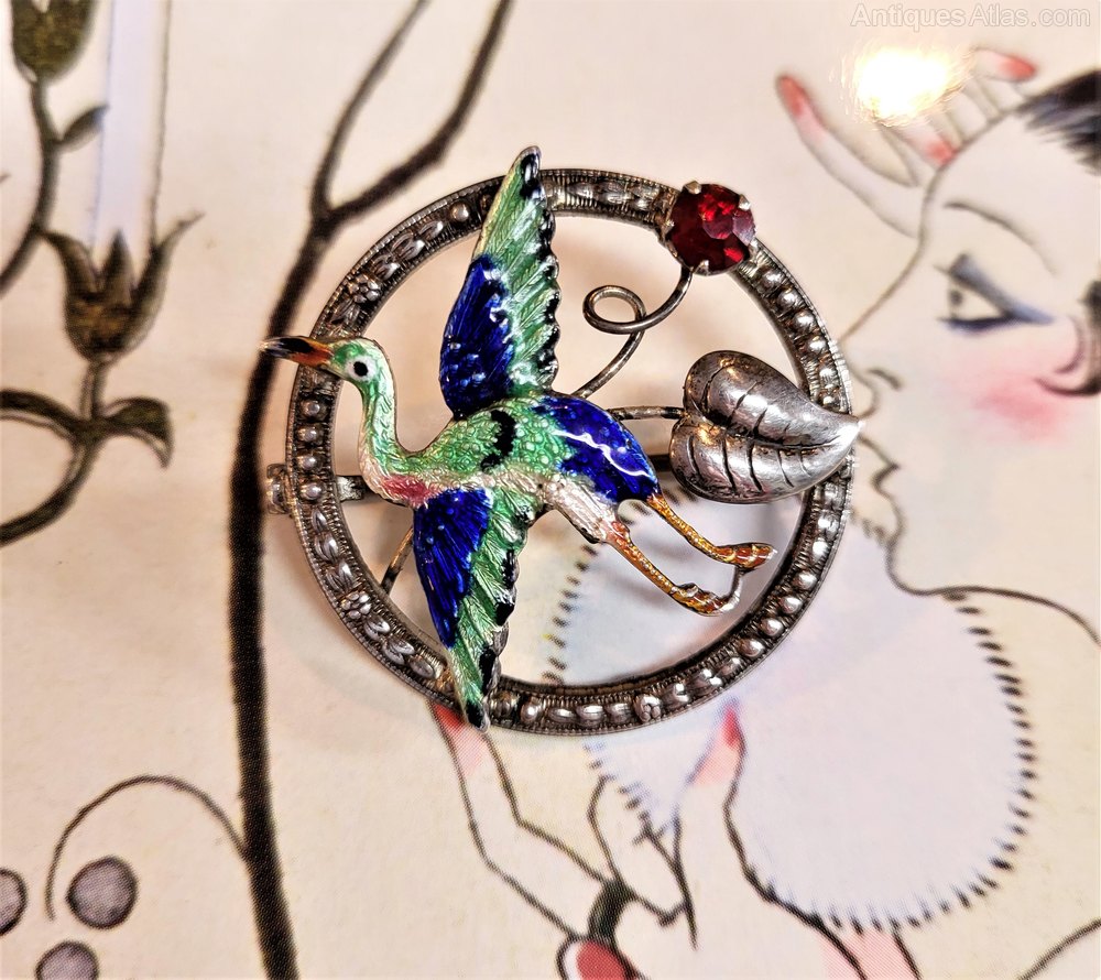 Antiques Atlas - Art Deco Silver & Enamel Stork Brooch. Signed,