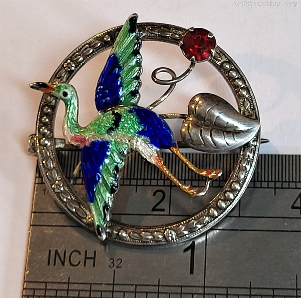 Antiques Atlas - Art Deco Silver & Enamel Stork Brooch. Signed,