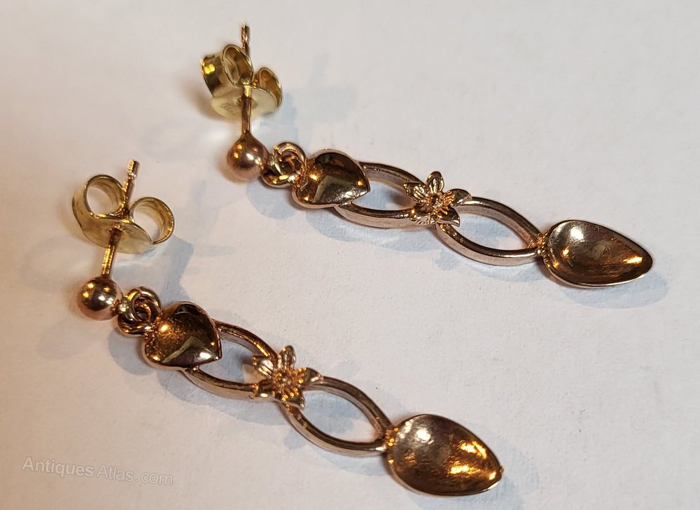 Antiques Atlas - Welsh 9ct Rose Gold Lovespoon Earrings. C.Y.M.