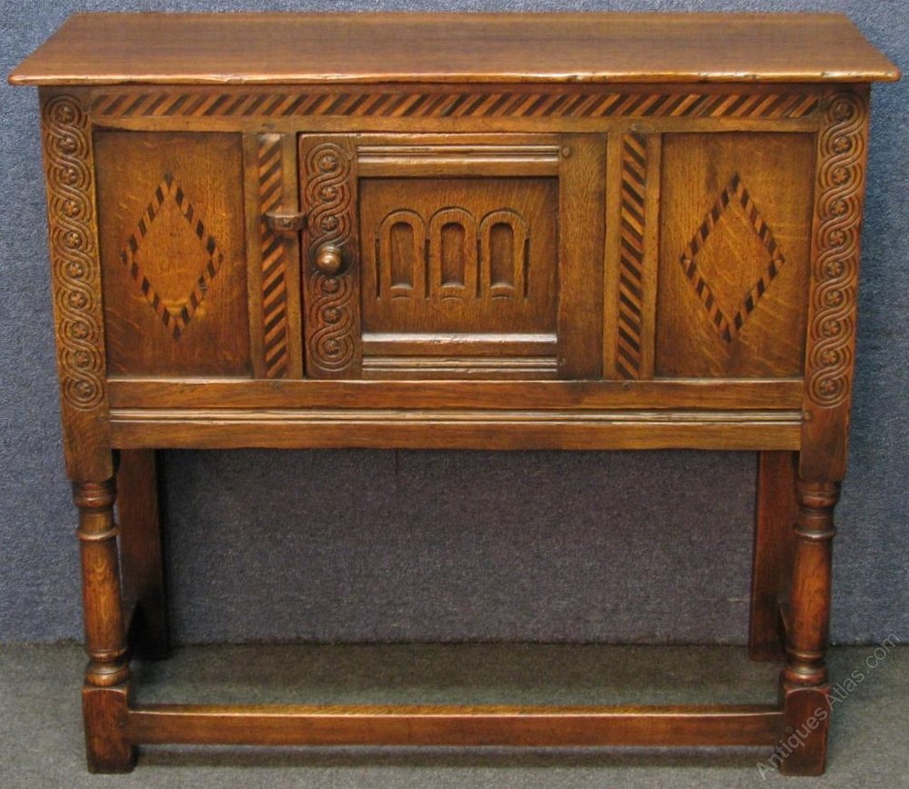 Antiques Atlas - Jacobean Style Inlaid Oak Credence Cupboard