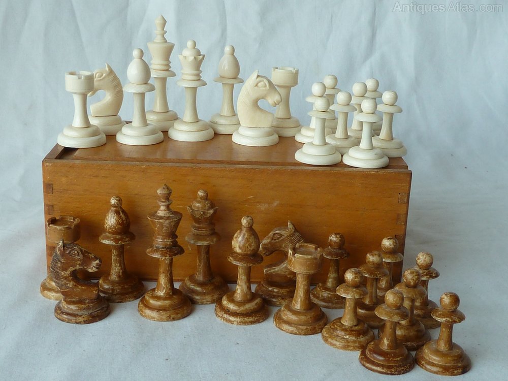 Antiques Atlas - English Ivory Chess Set Boxed Games Antique