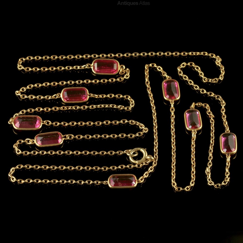 Antiques Atlas - Antique Victorian Guard Chain Pink Paste Necklace