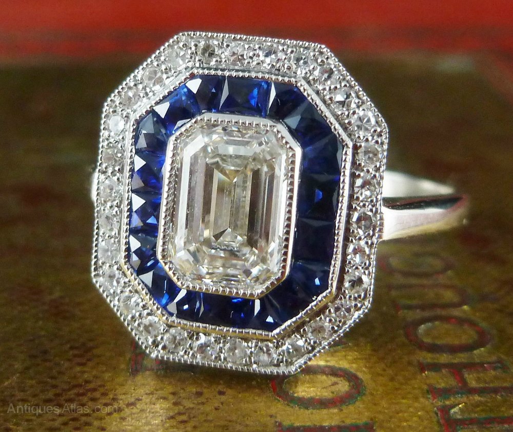 Antiques Atlas - Deco Emerald Cut Diamond & Sapphire Ring