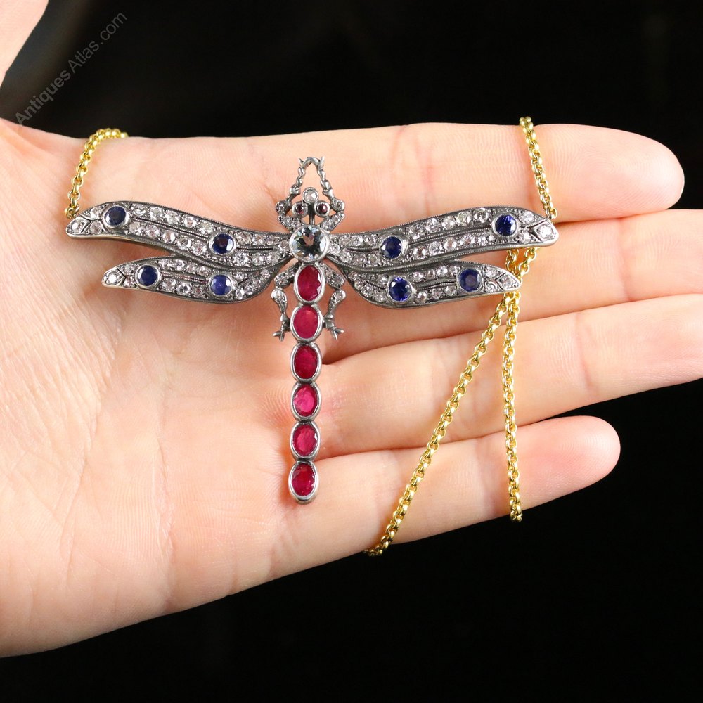 Antiques Atlas - Diamond Dragonfly Pendant Necklace Diamonds Rubies
