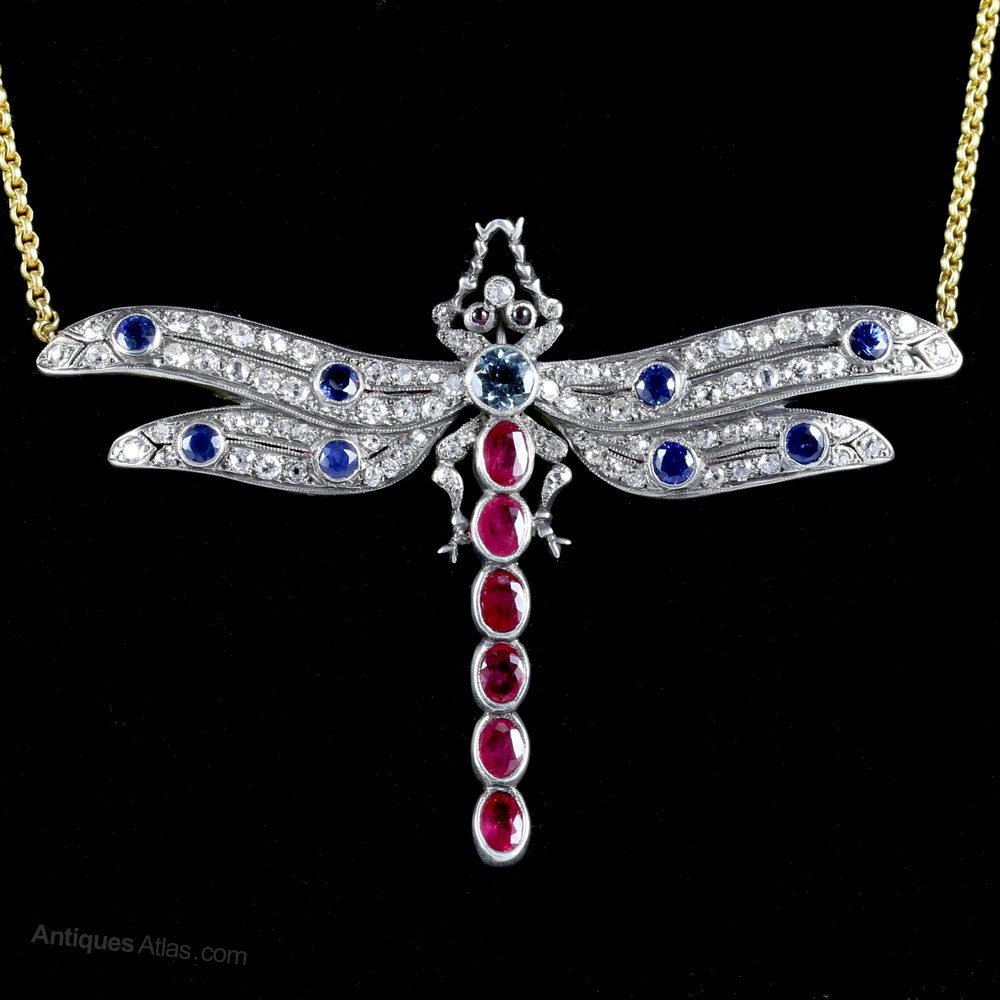 Antiques Atlas - Diamond Dragonfly Pendant Necklace Diamonds Rubies