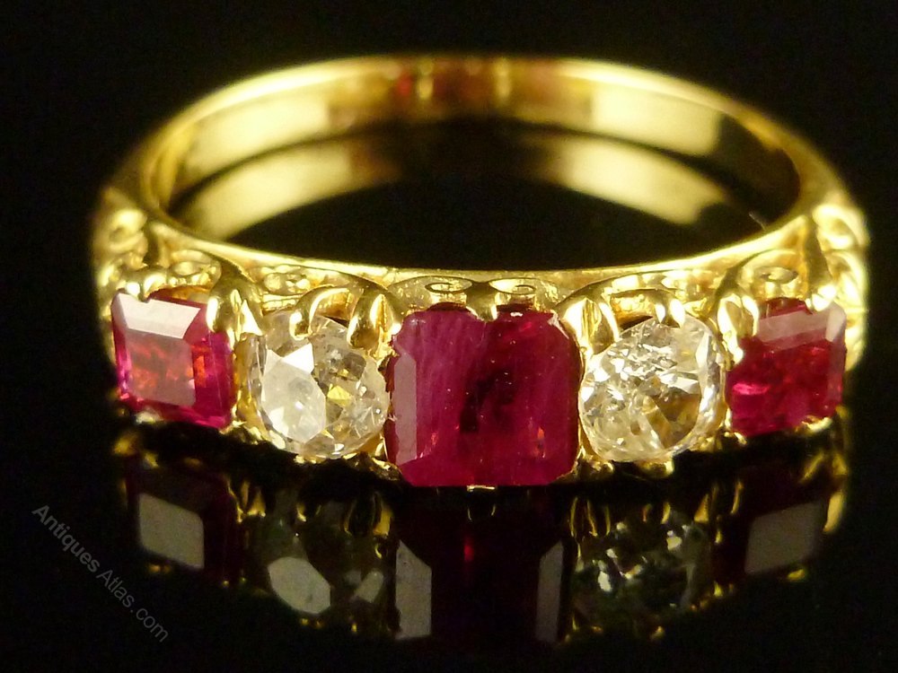 Antiques Atlas - Square Cut Ruby And Old Cushion Cut Diamond Ring