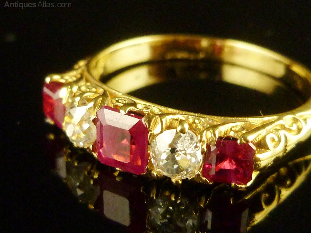 Antiques Atlas - Square Cut Ruby And Old Cushion Cut Diamond Ring