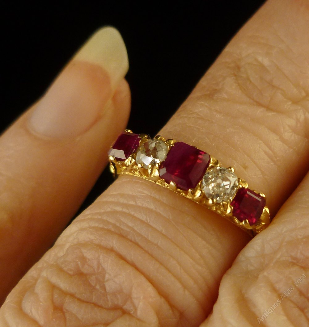 Antiques Atlas - Square Cut Ruby And Old Cushion Cut Diamond Ring
