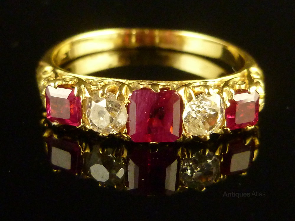 Antiques Atlas - Square Cut Ruby And Old Cushion Cut Diamond Ring