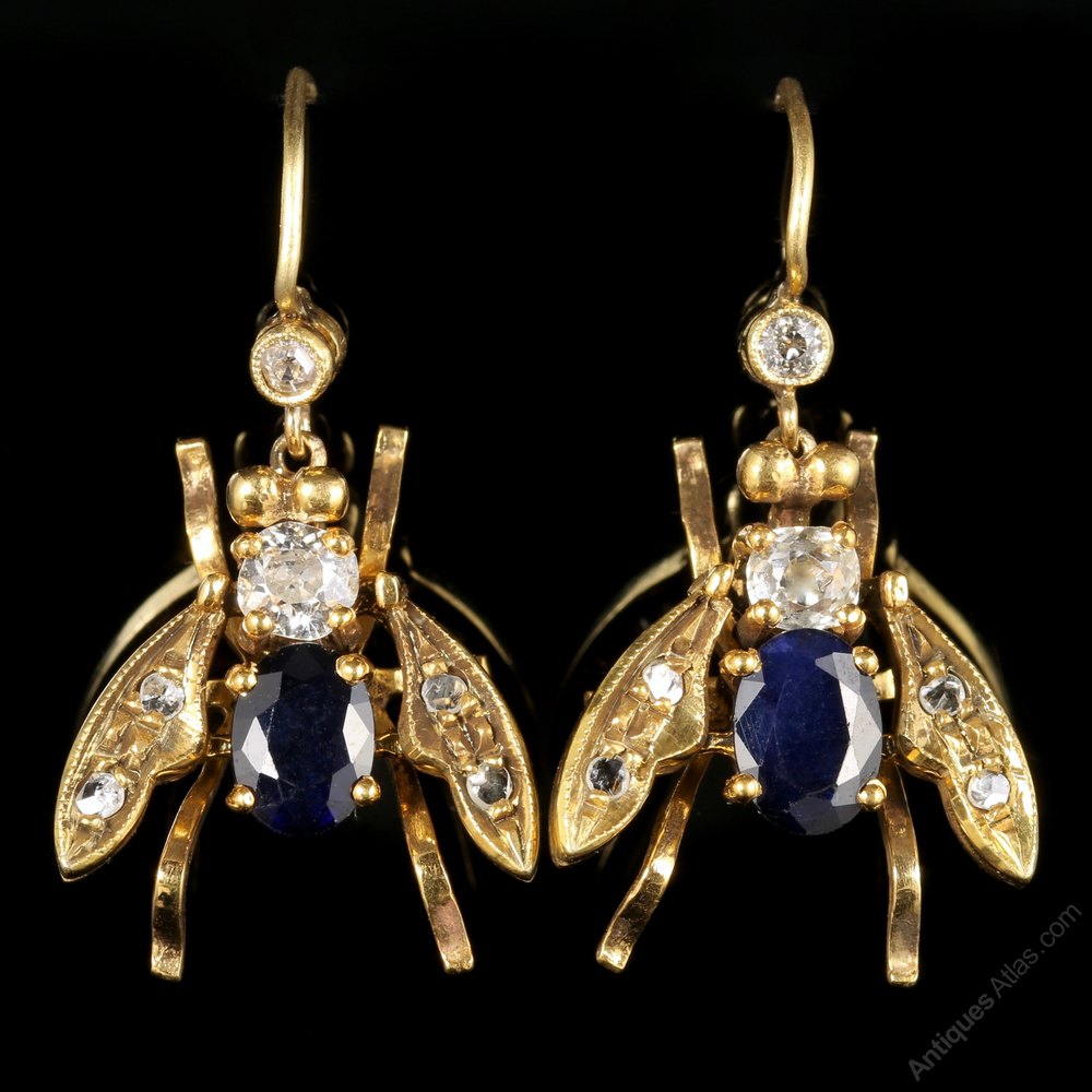 Antiques Atlas - Victorian Diamond Sapphire Insect Earrings 18ct
