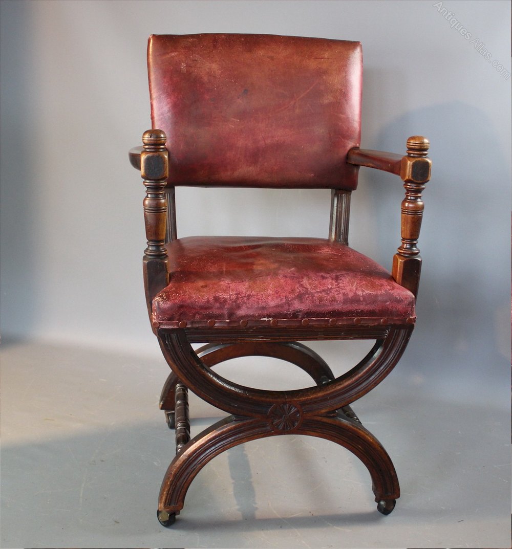 Victorian X Framed Mahogany And Leather Chair - Antiques Atlas
