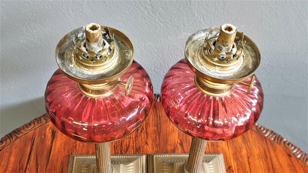 Antiques Atlas - Pair Of Original Antique Ruby Glass Oil Lamps ...