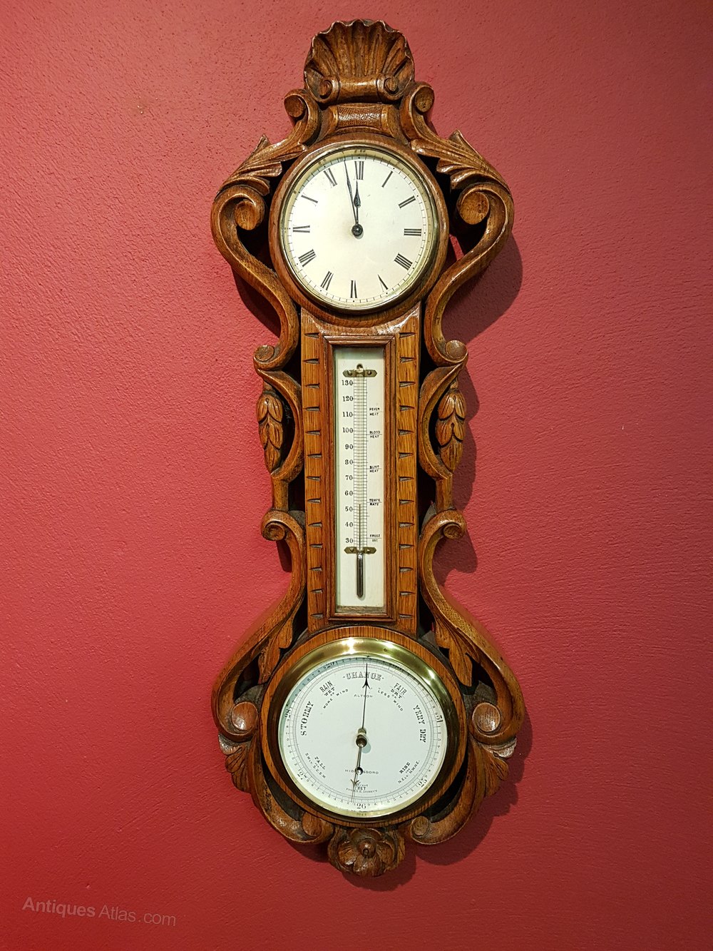 Antiques Atlas - Victorian Oak Carved Case Barometer And Clock