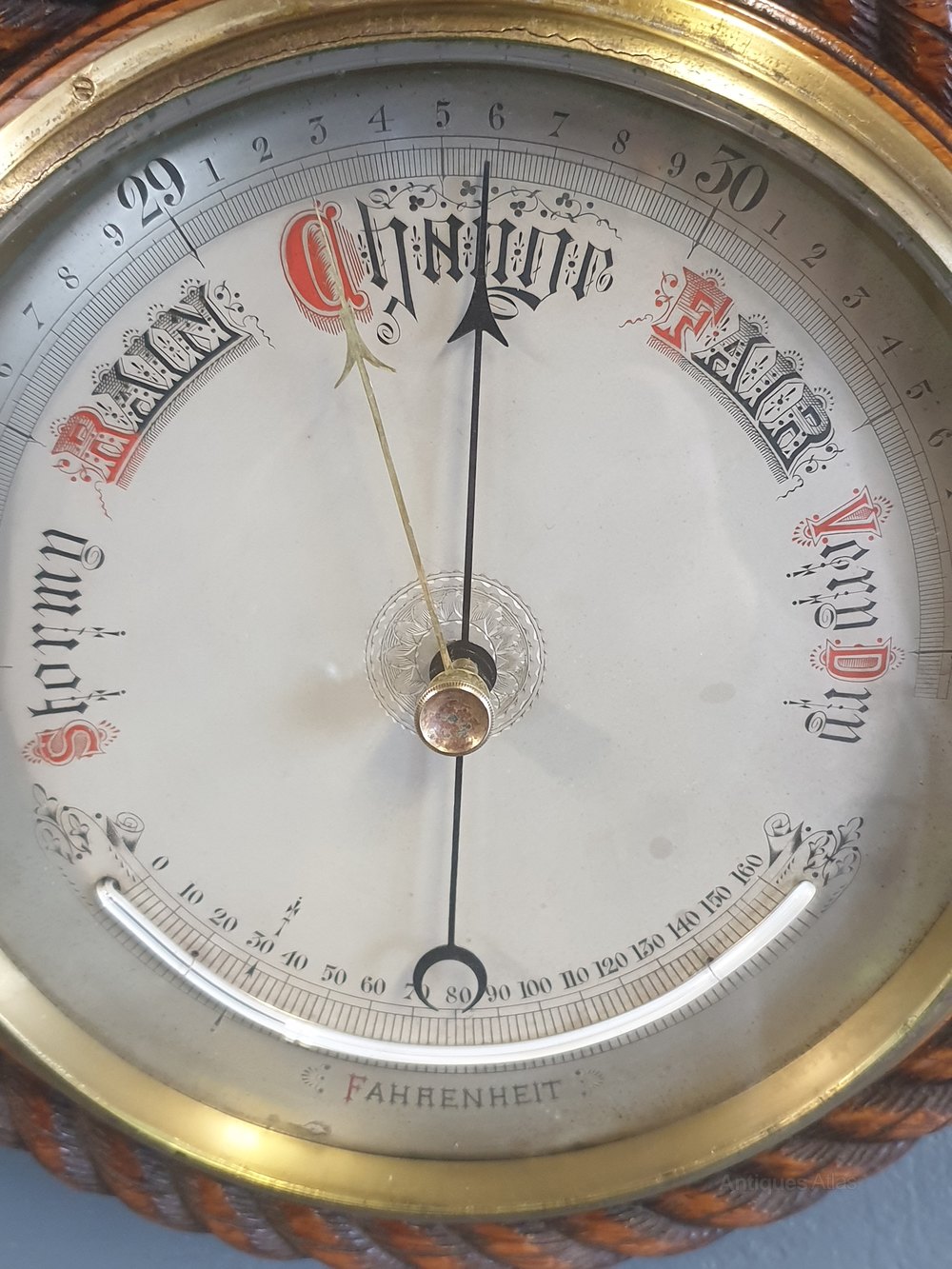 Antiques Atlas - Victorian Round Oak Carved Rope Edge Barometer