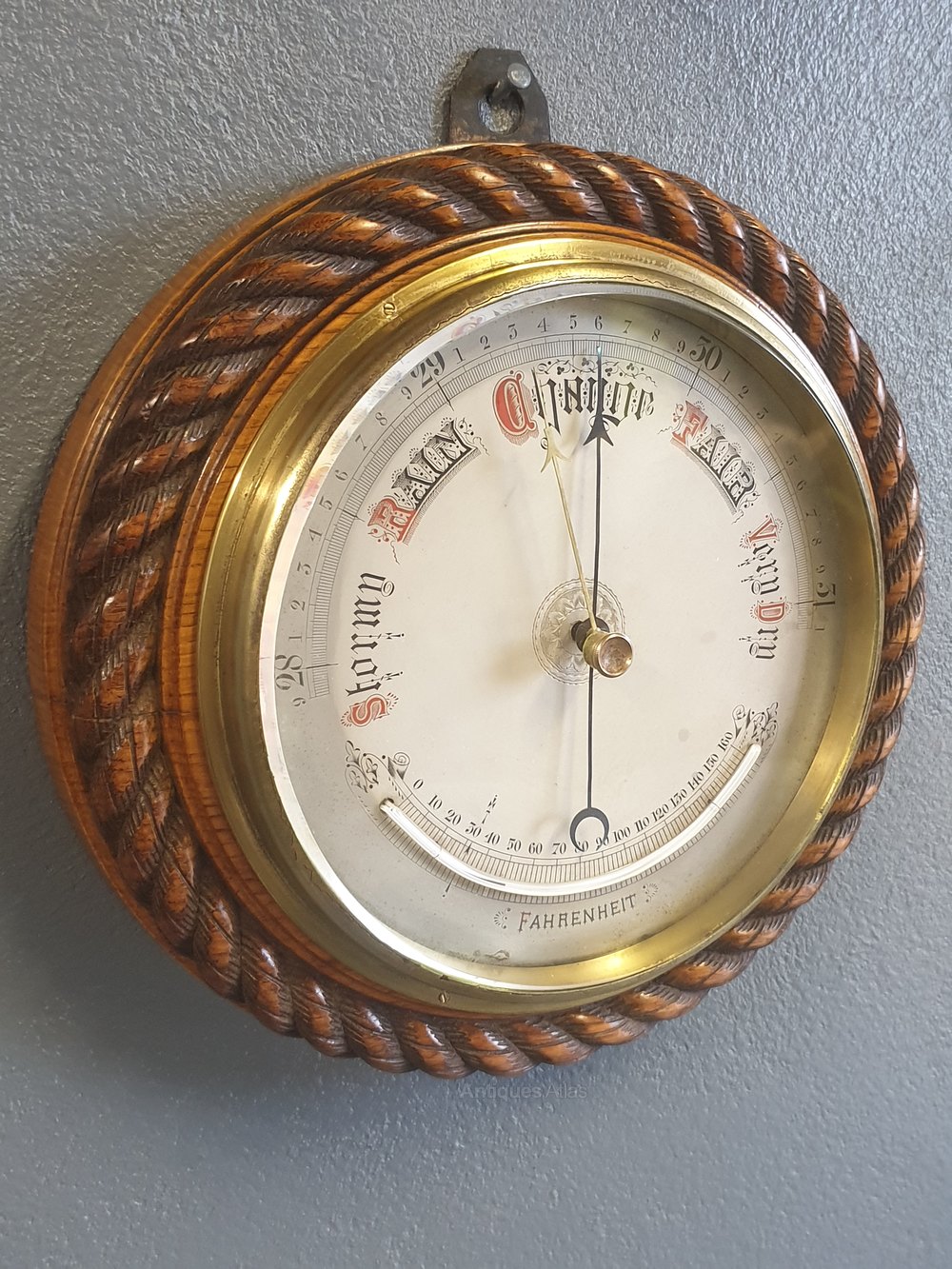 Antiques Atlas - Victorian Round Oak Carved Rope Edge Barometer