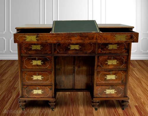 Small Antique Campaign Desk In Teak & Amboyna - Antiques Atlas