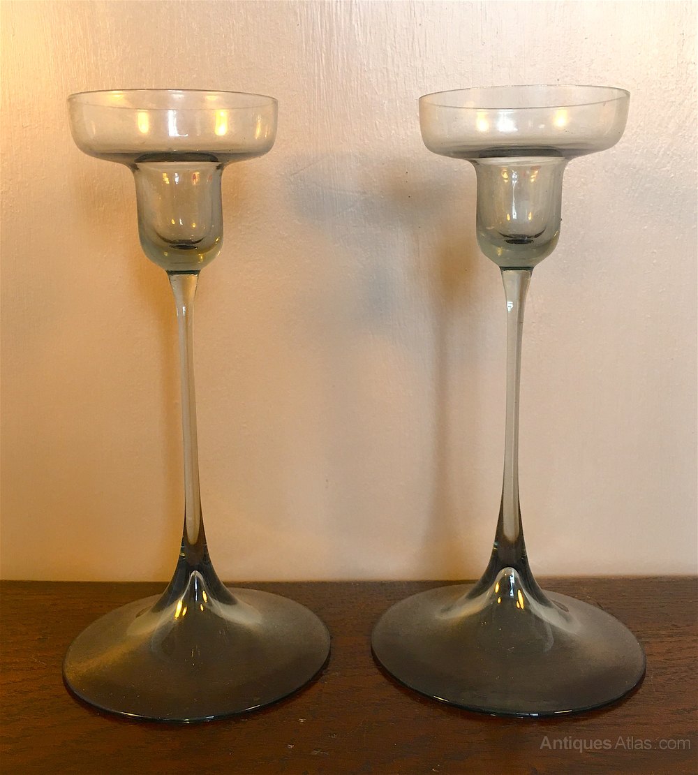 Antiques Atlas - Pair 1960s Dartington Smoked Glass Candlesticks