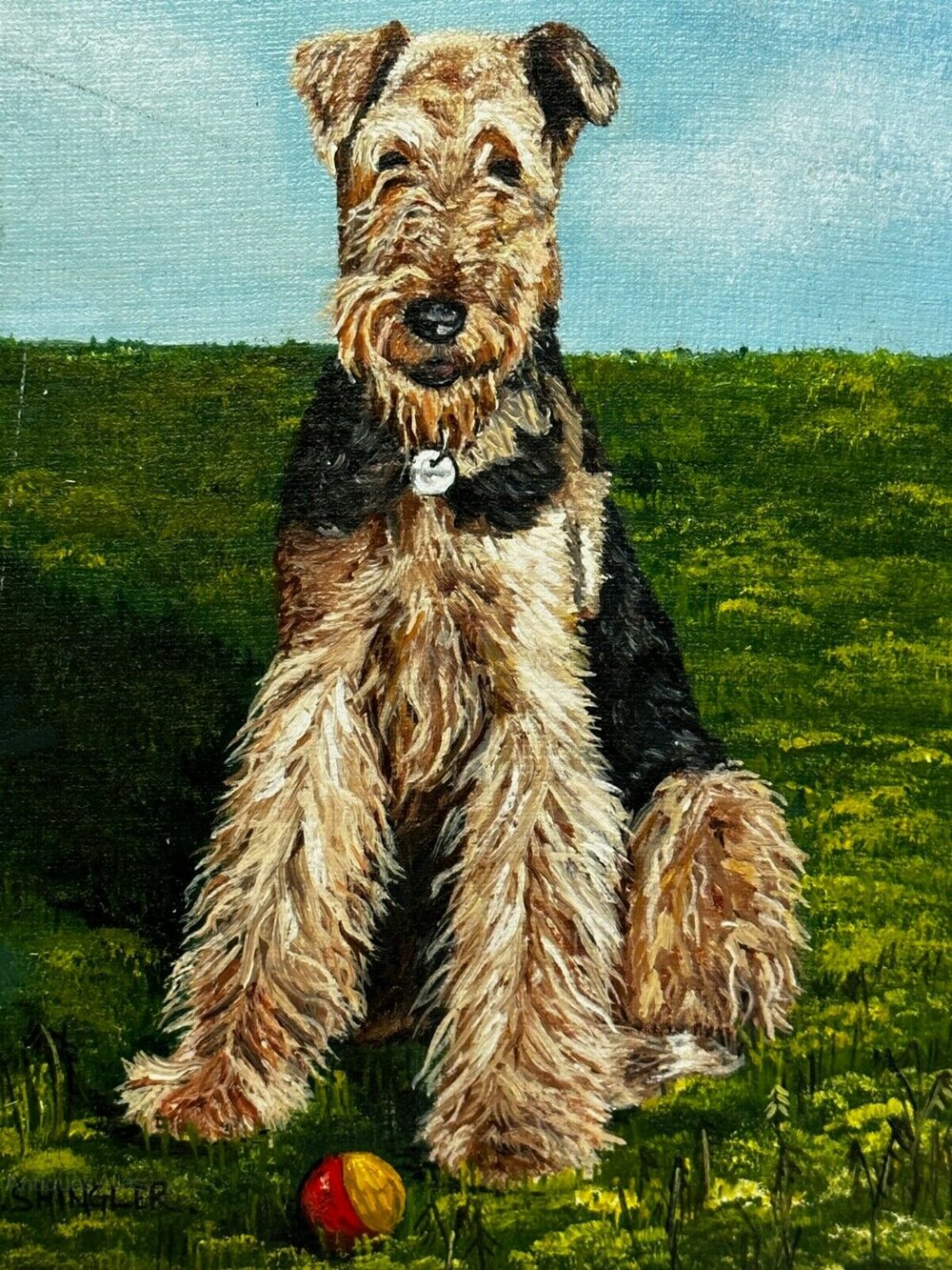 Antiques Atlas - Prized Tan Airedale Terrier Dog With Ball Painting ...