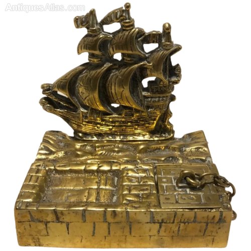 Antiques Atlas - Victorian Brass War Sailing Ship Inkwell