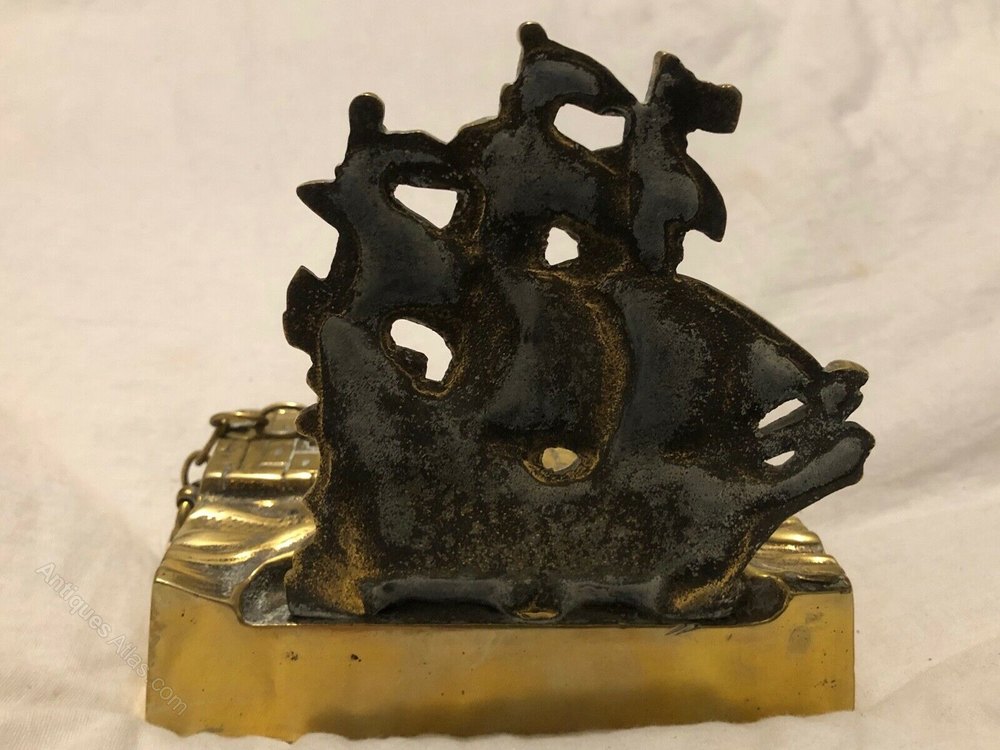 Antiques Atlas - Victorian Brass War Sailing Ship Inkwell