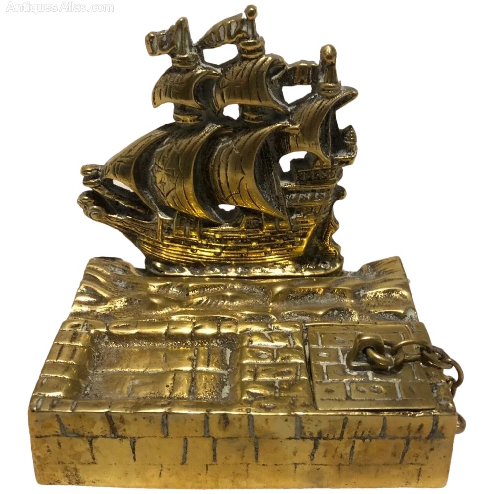 Antiques Atlas - Victorian Brass War Sailing Ship Inkwell