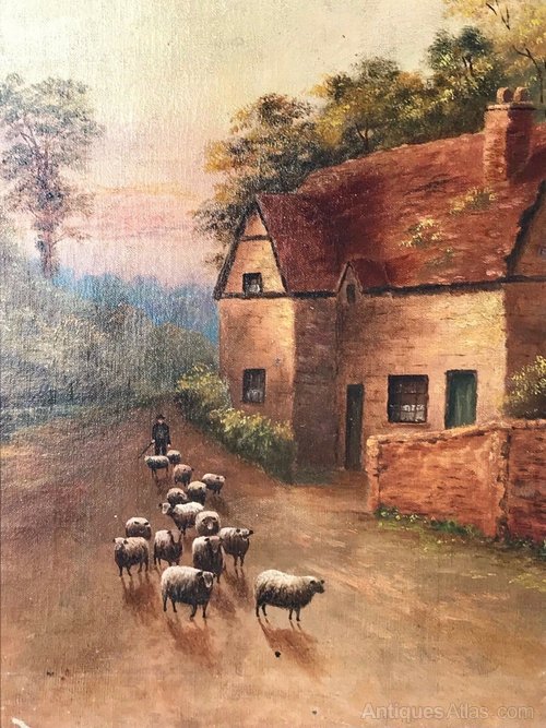 Antiques Atlas - Victorian Oil Painting Shepherd & Flock Of Sheep