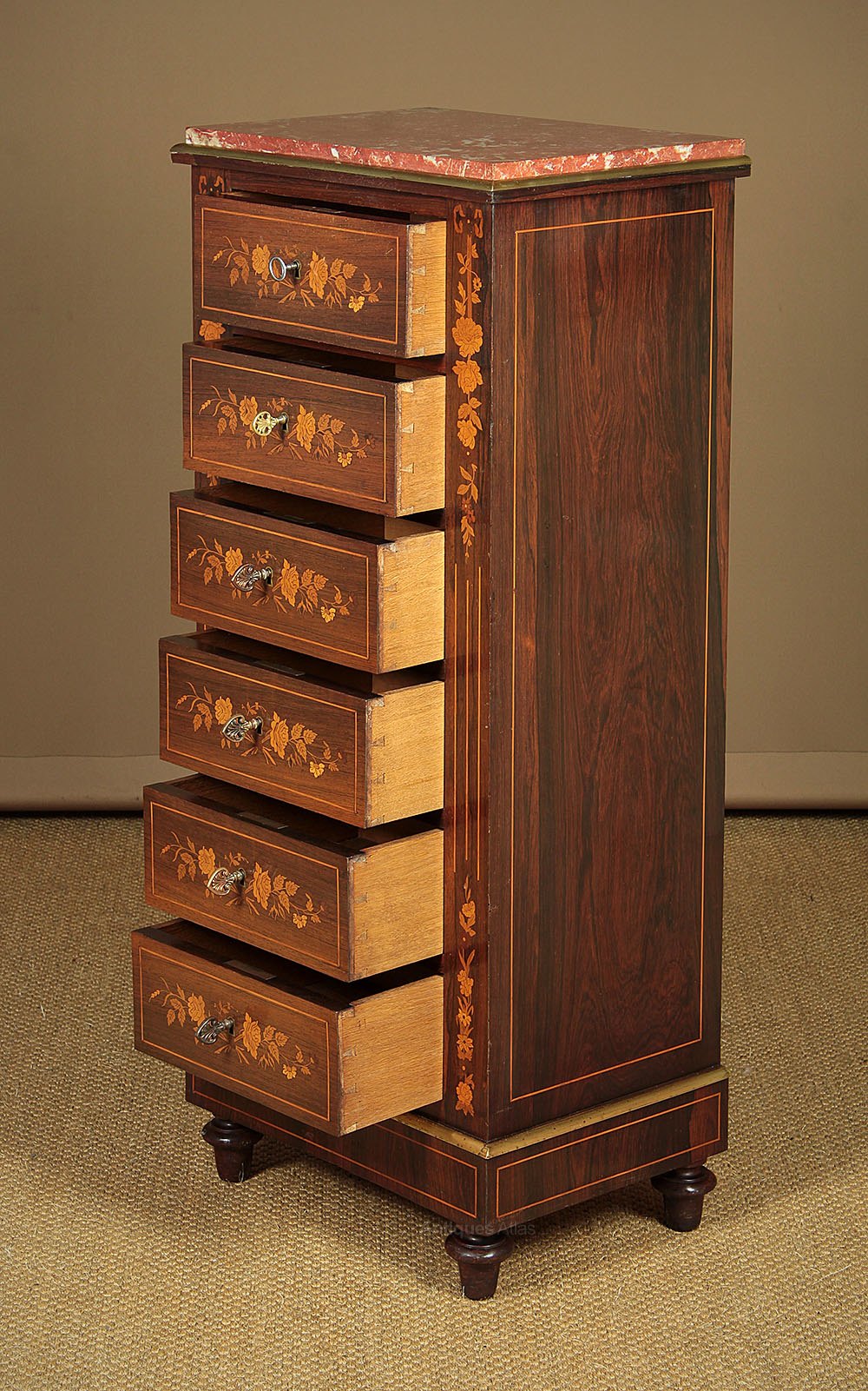 Narrow Marble Top Marquetry Bank Of Drawers C.1890 ac049a6275 / 33011 ...