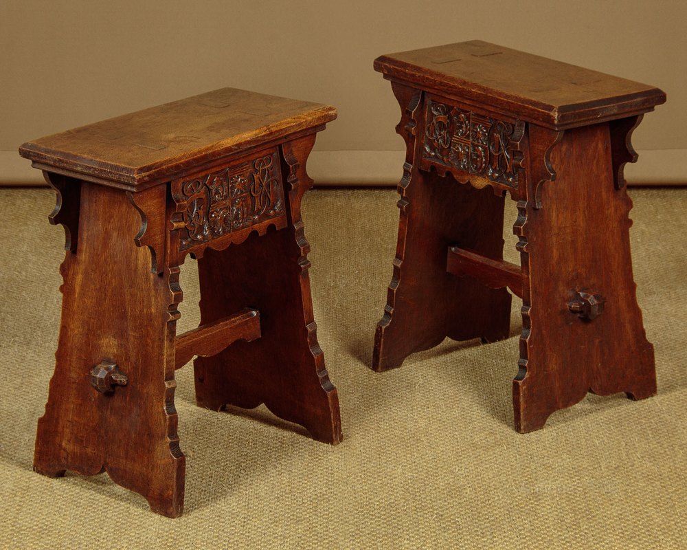 Pair Of Gothic Oak Stools C.1890 - Antiques Atlas