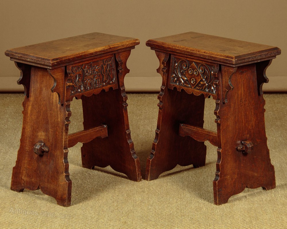 Pair Of Gothic Oak Stools C.1890 - Antiques Atlas