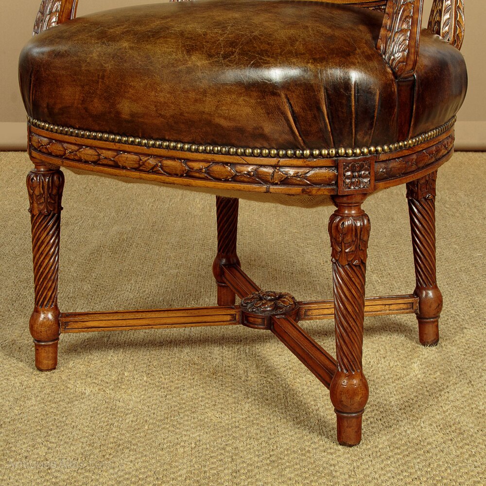Pair Of Walnut & Leather Armchairs C.1910 ac049a11643 / 38469 ...