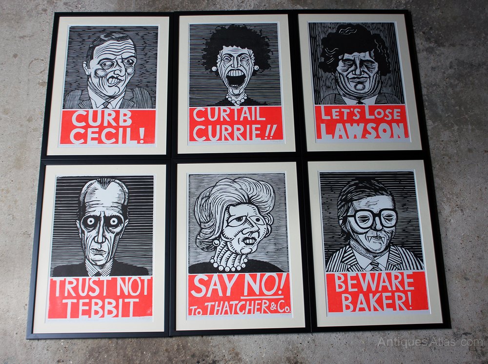 Antiques Atlas - 6 Political Satire Woodblock Print Posters C.1987