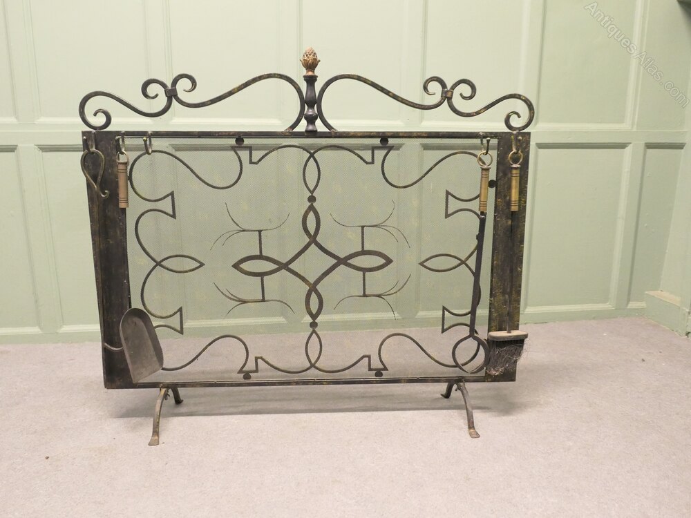 Antiques Atlas - Large Wrought Iron Fire Screen, With Fire Irons ...