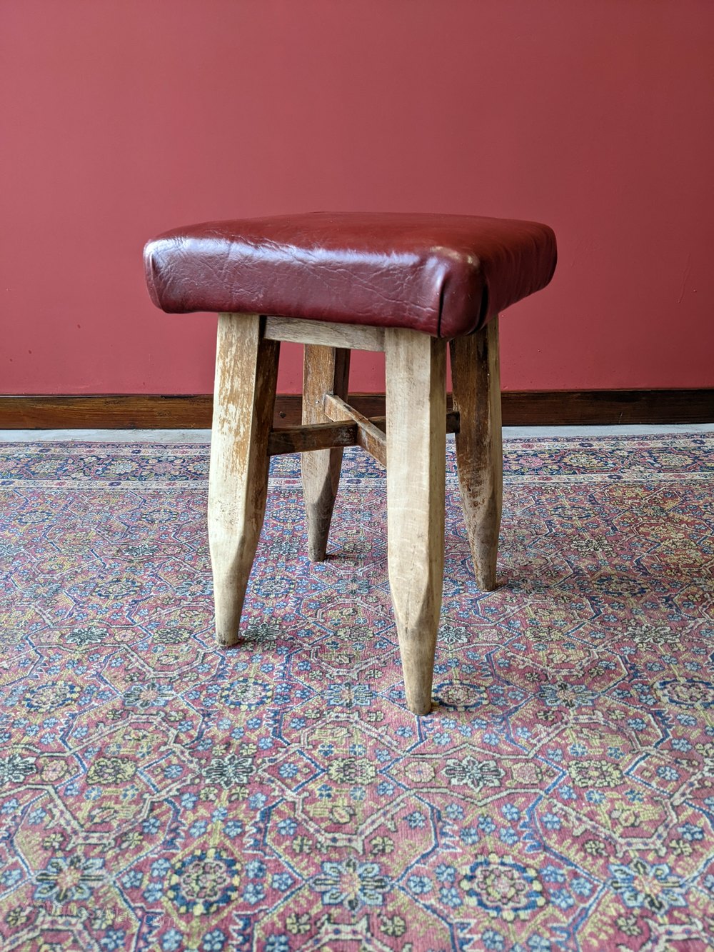 Antique Red Leather Rustic Tavern Stool - Antiques Atlas