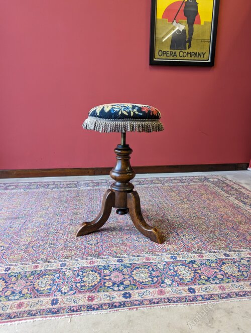 Victorian Mahogany Circular Tapestry Piano Stool - Antiques Atlas