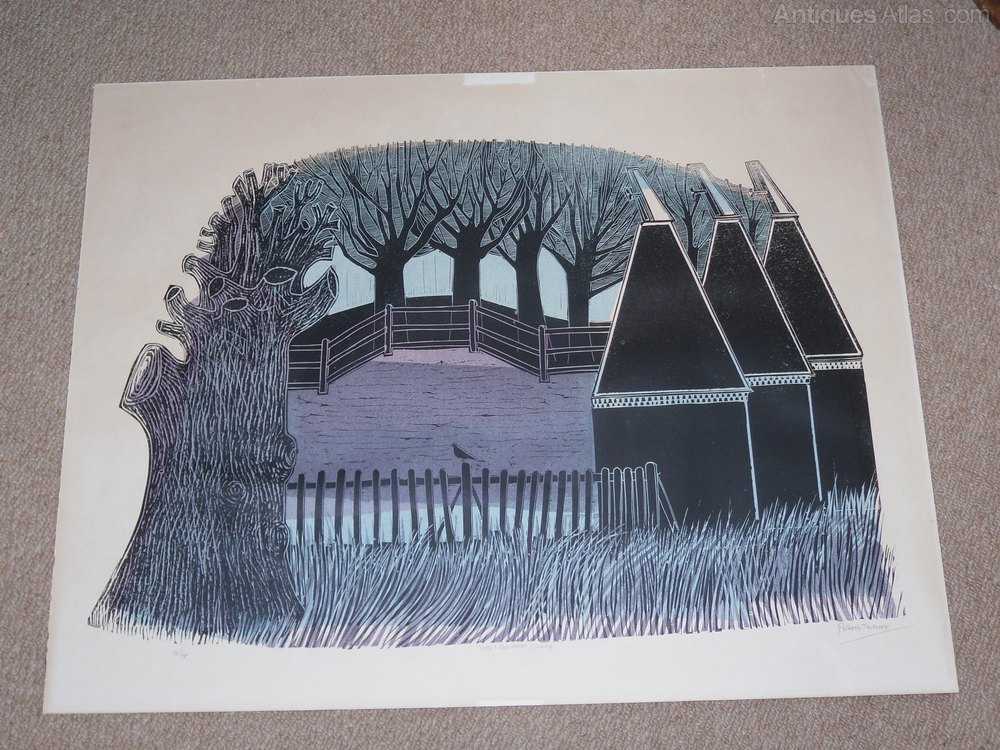 Antiques Atlas - Robert Tavener Linocut Trees And Oast Houses
