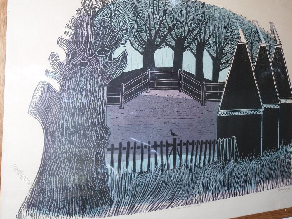 Antiques Atlas - Robert Tavener Linocut Trees And Oast Houses