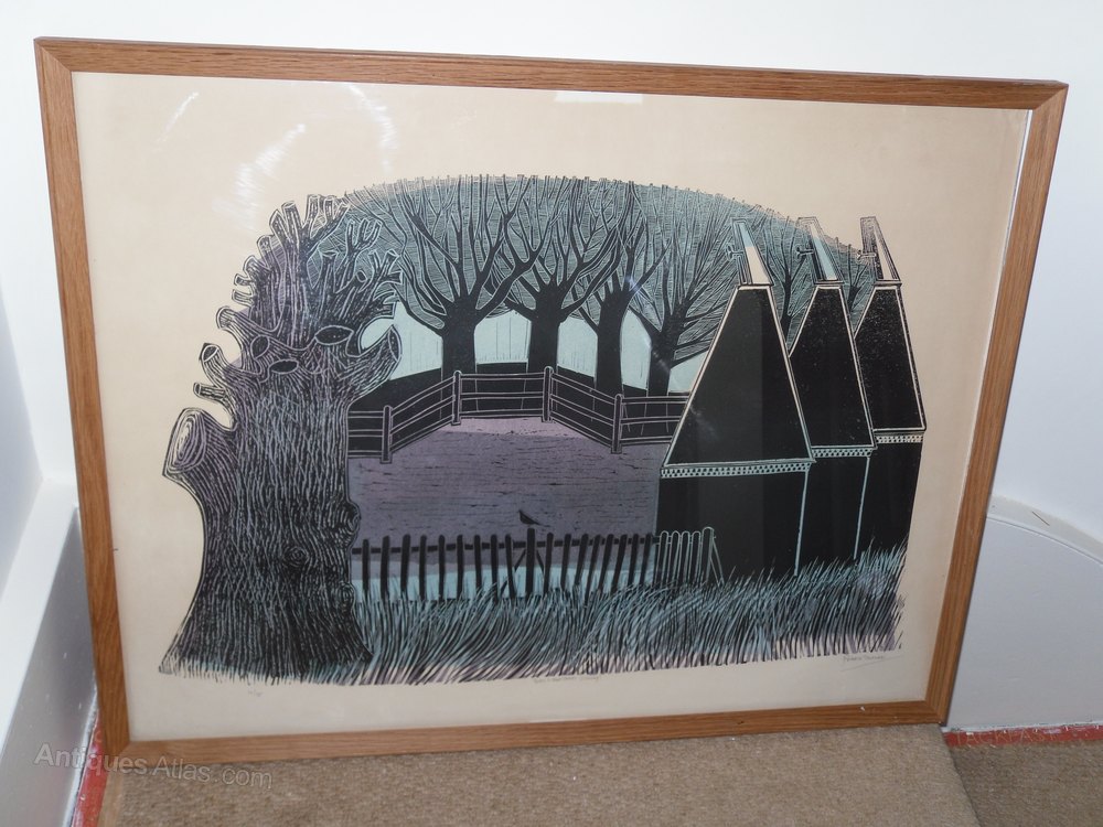 Antiques Atlas - Robert Tavener Linocut Trees And Oast Houses