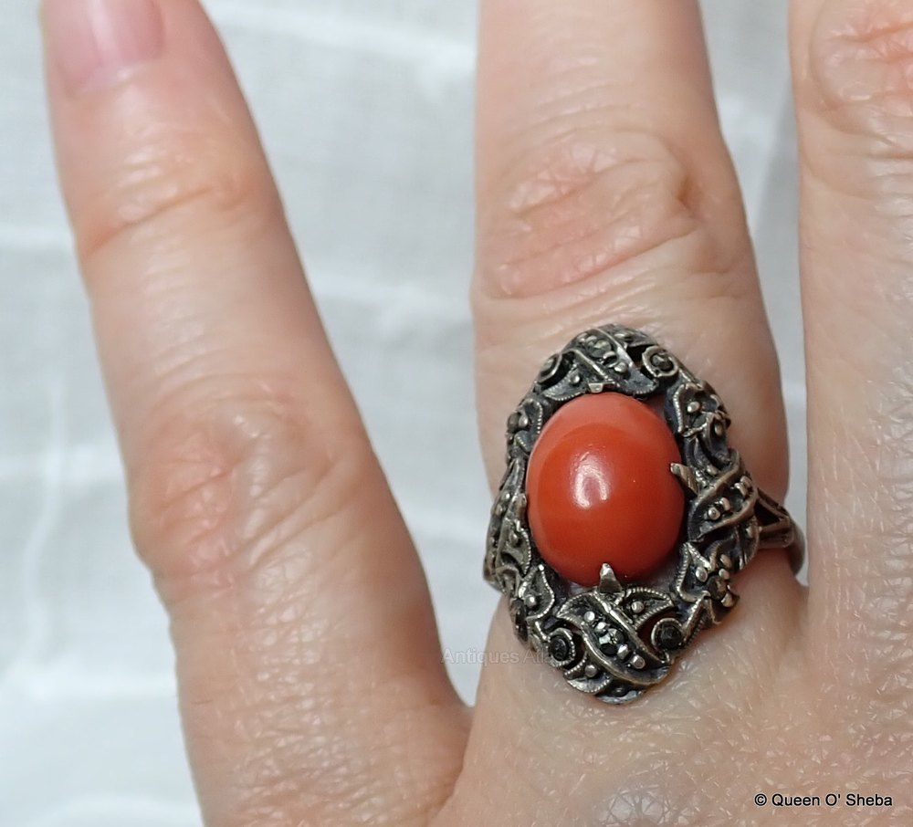 Antiques Atlas - Art Deco Coral Marcasite Ring Silver Red Flawless