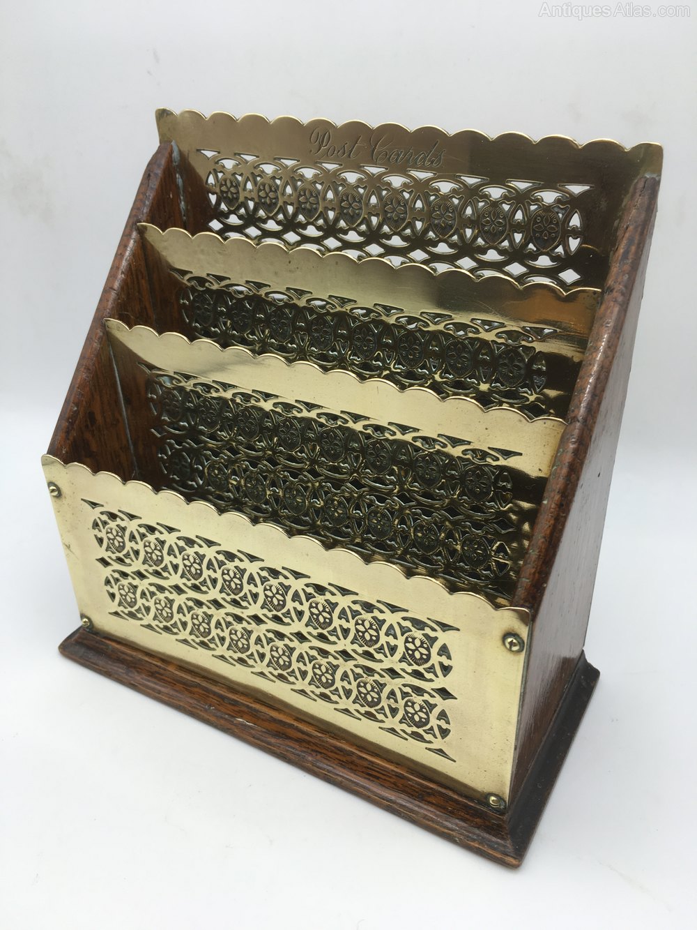 Antiques Atlas - Pierced Brass And Oak Letter / Postcard Rack.