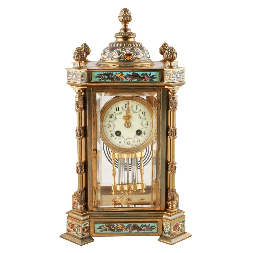 Antiques Atlas - Champlevé Enamel Four Glass Clock as102a6065 / 8209