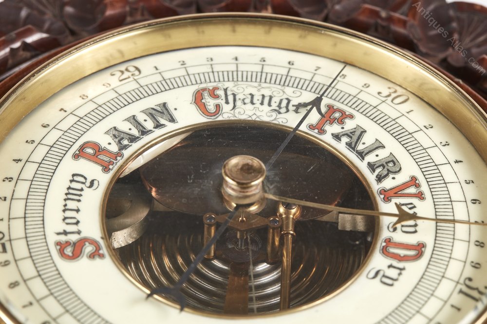 Antiques Atlas - Quality Antique Aneroid Carved Walnut Round Barometer