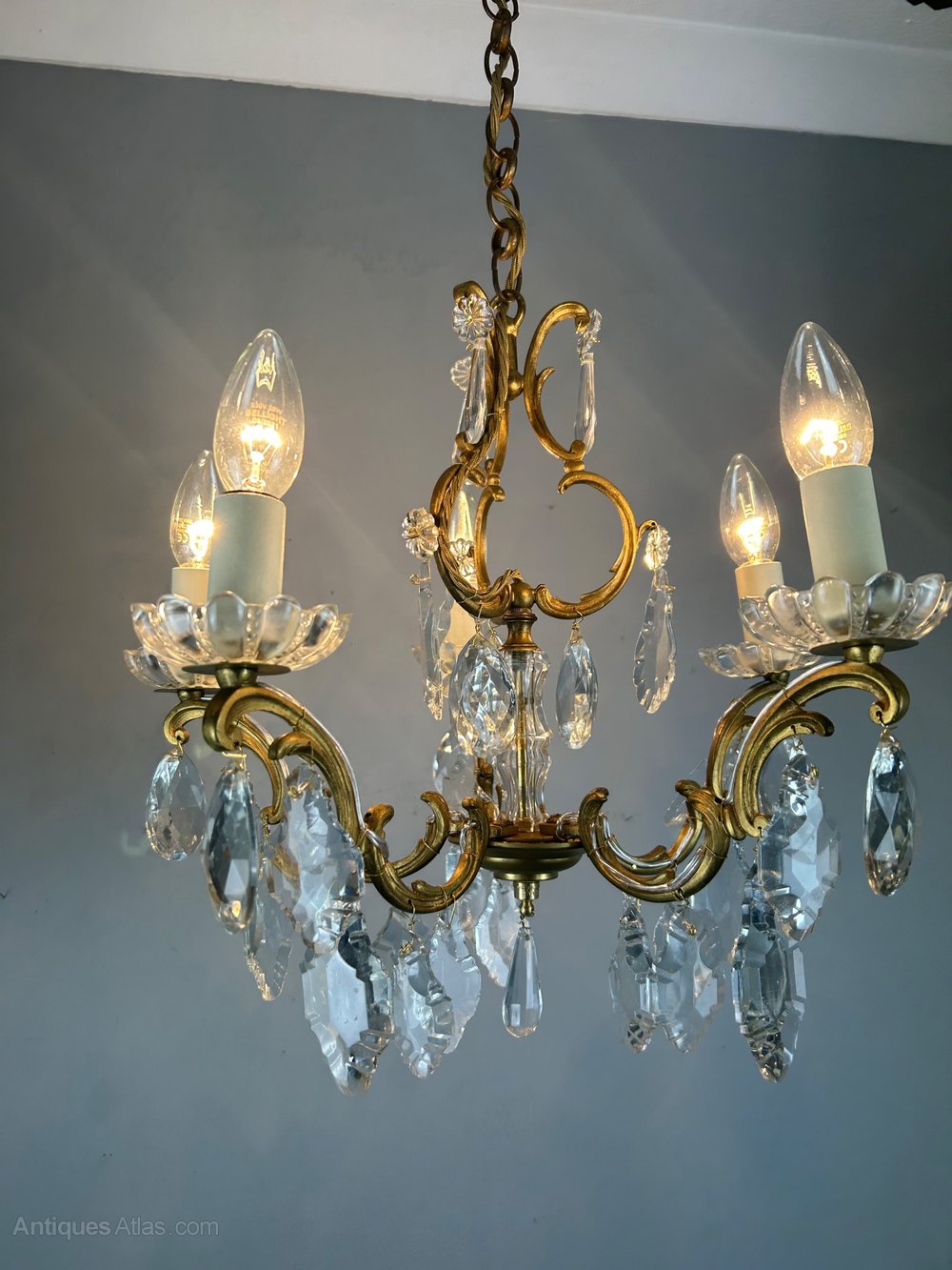 Antiques Atlas - French Brass 5 Light Antique Crystal Chandelier