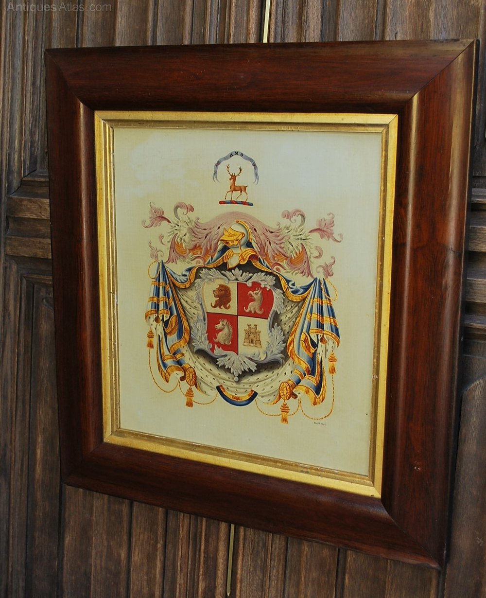 Antiques Atlas - Armorial Crest On Canvas In A Rosewood Frame
