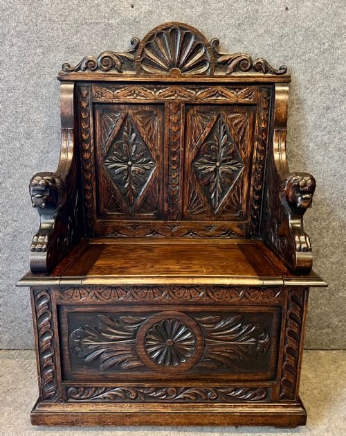 Small Victorian Carved Oak Monks Bench Hall Seat - Antiques Atlas